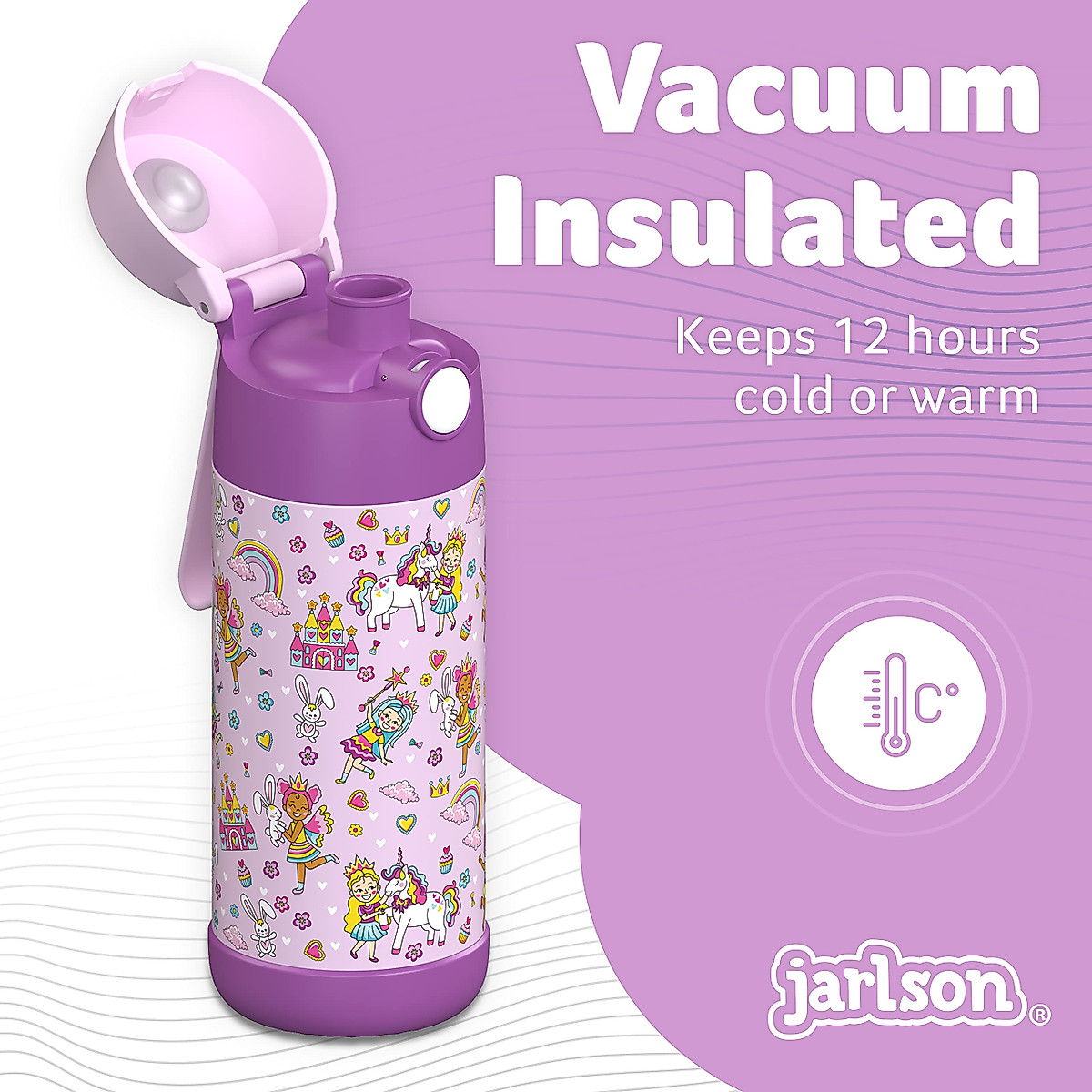 JARLSON® kids water bottle - MALI - insulated stainless steel water bottle with chug lid - thermos - girls/boys (Princess 'Mosaic', 12 oz)