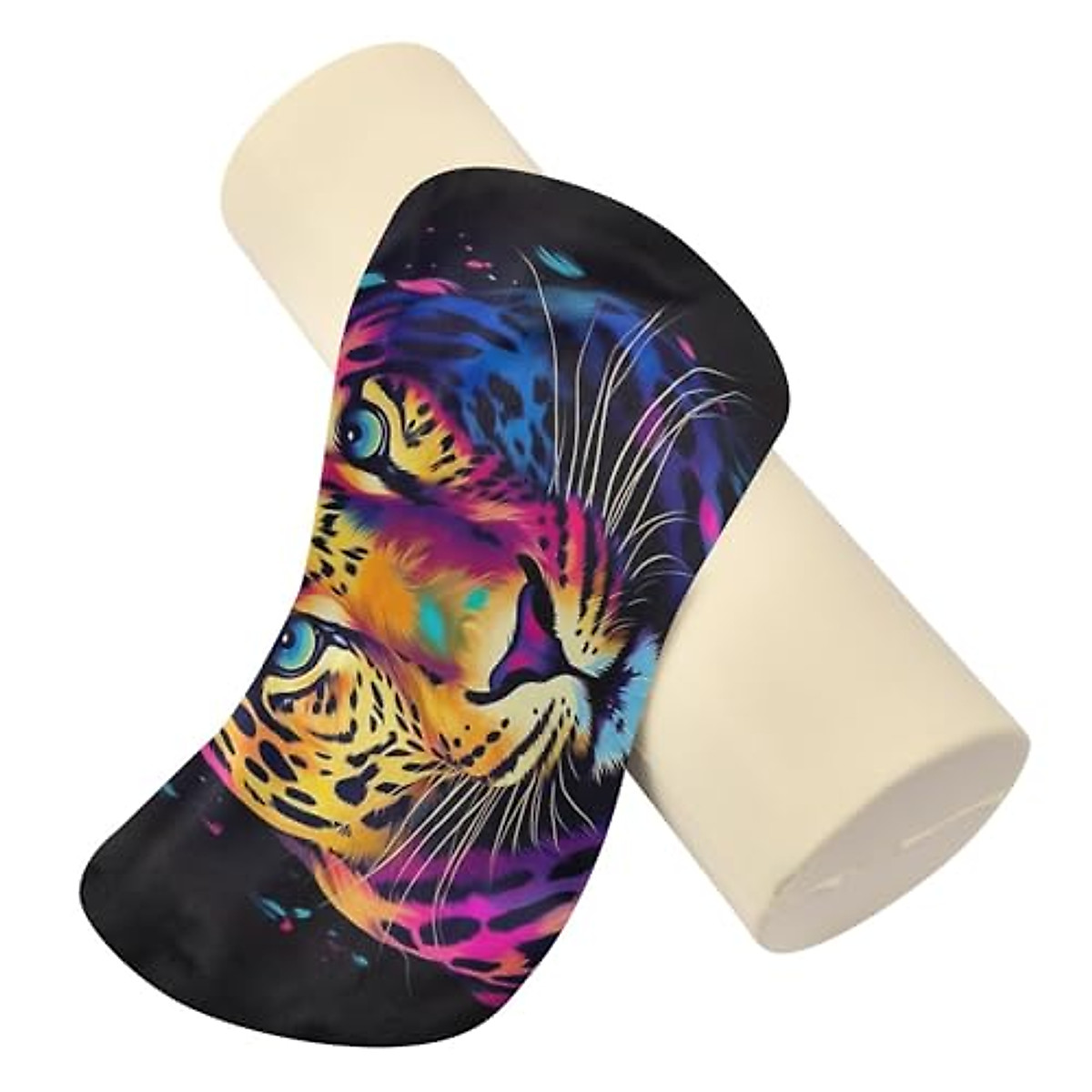 xigua Colourful Leopard Neck Roll Pillow for Neck Relief with Removable Washable Cover - Memory Foam Round Cylinder Bolster, Ergonomically Designed for Head, Neck, Back, and Legs