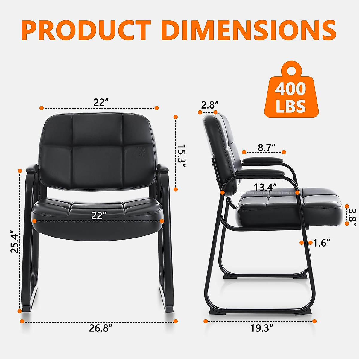 CLATINA Big & Tall Waiting Room Guest Chair with Bonded Leather Padded Arm Rest and Sled Base for Office Reception Lobby and Conference Desk, Black(2 Pack)