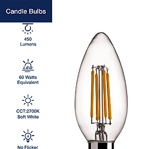 FLSNT 60W Equivalent LED Chandelier Light Bulbs, Dimmable, E12 Base, Clear B11 LED Filament Candelabra Bulbs, 2700K Soft White, 6 Pack