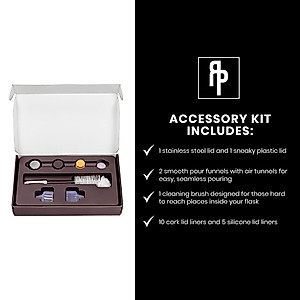Ragproper Glass Flask Accessory Kit - Cleaning Set with Cleaning Brush, Silicone & Cork Lid Liners, Stainless Steel & Plastic Lids & Smooth Pour Funnels (Double Shot, 240mL)