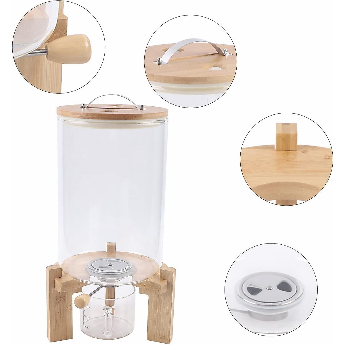 Xuthusman Capacity Airtight Glass Dry Food Storage Container Cereal Rice Dispenser w/Round Bamboo Lids & Cup & Stand (7.5L)