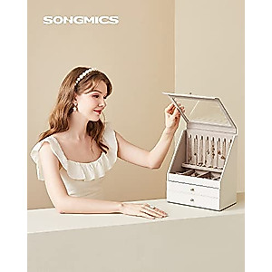 SONGMICS Jewelry Box with Slanted Glass Window, 3-Layer Jewelry Organizer, 2 Drawers, Jewelry Storage, Modern Style, Window Display, Cloud White UJBC163W01