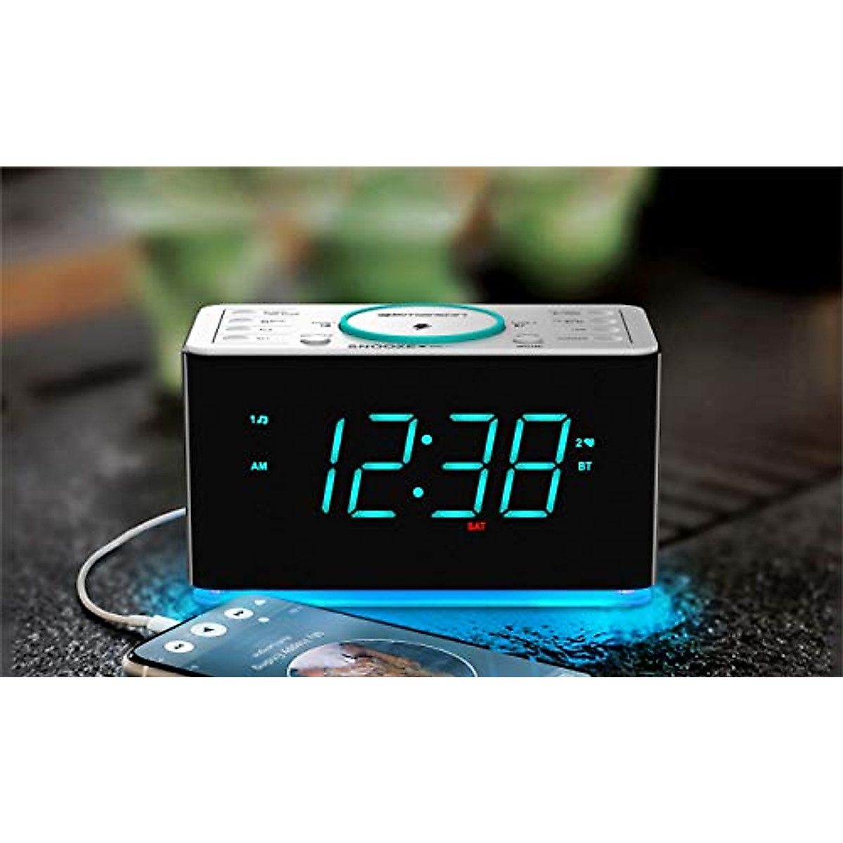 Emerson ER100401 Smartset 15Watt Ultra Fast Wireless Charging Dual Alarm Clock Radio with Bluetooth Speaker, USB Charger, Cyan LED Night Light and 1.4" Display