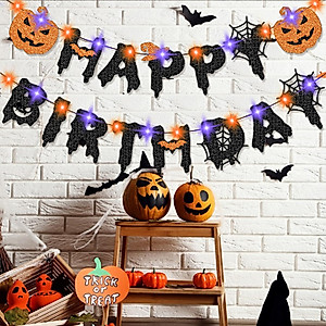 Halloween Happy Birthday Banner with Lights, Halloween Birthday Party Decorations, Black Glitter Halloween Happy Birthday Banner with String Lights, Pumpkin Bat Orange Purple LED Lights String