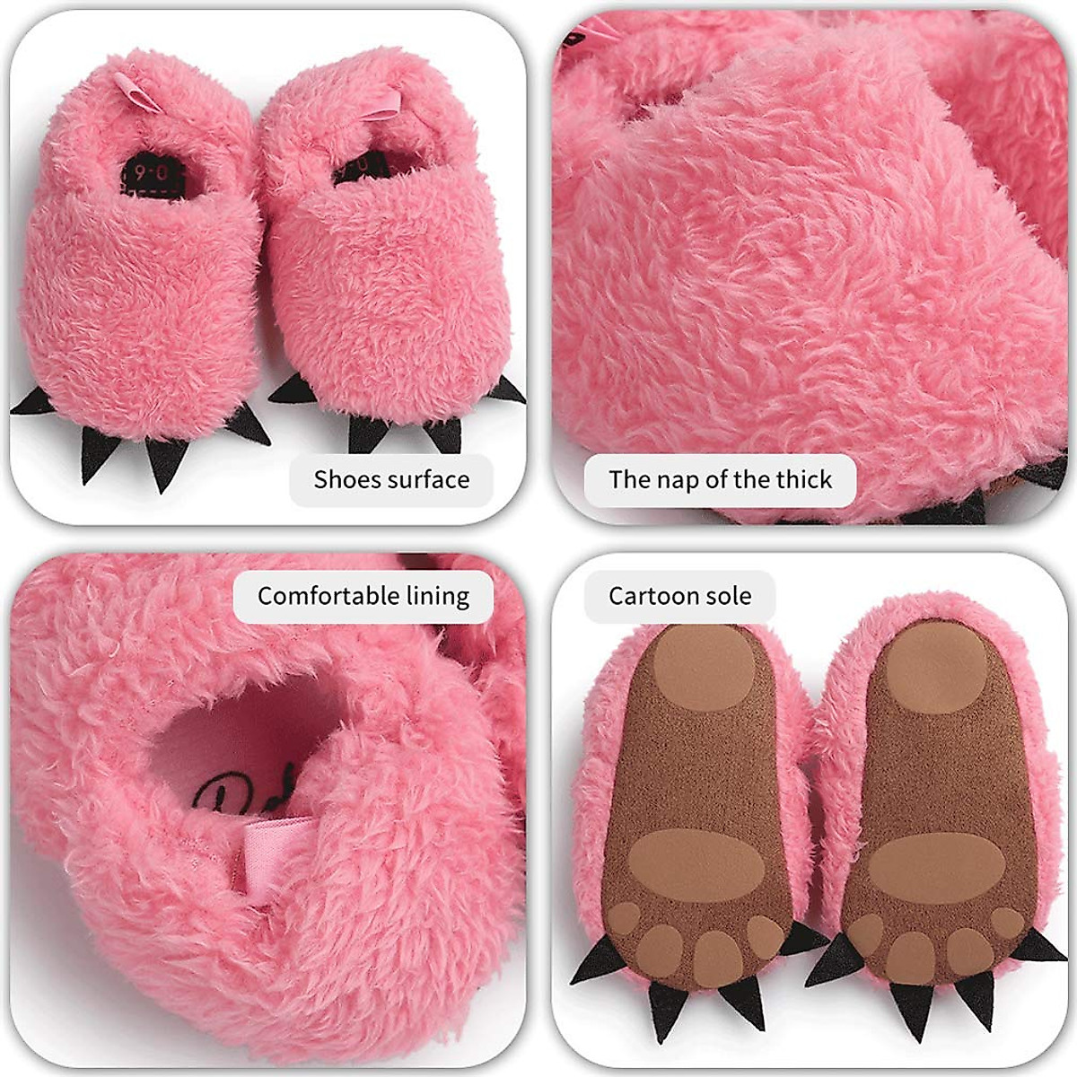 CoKate Baby Boys Girls Soft Plush Slippers Bear PAW Animal Boots Toddler Infant Crib Shoes Winter House Shoes (12-18 Months, Dark Pink)