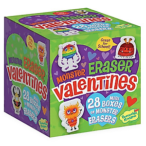 Peaceable Kingdom Valentines Cards for Kids Classroom, Set of 28 Valentines Day Gifts - Monster Erasers