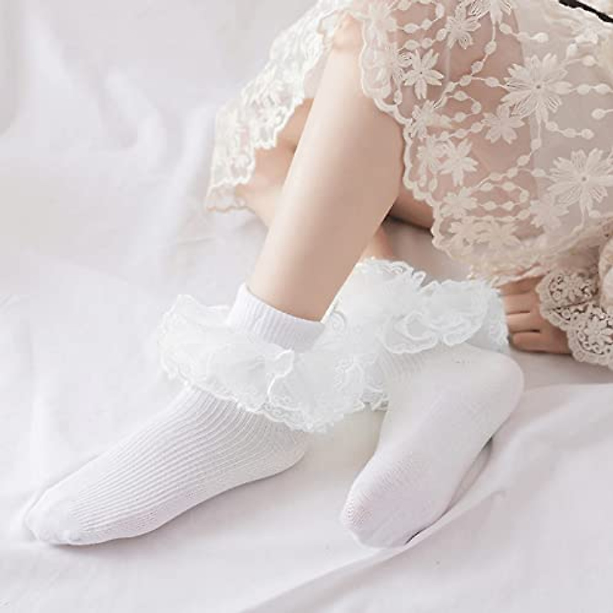 4 Pairs Toddler Girls Big Ruffle Lace Socks White Cotton Soft Cute Frilly Princess Dress Ankle Socks Little Kids 6-8Years