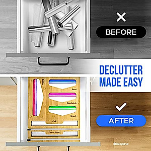 Deepdive Ziplock Bag Organizer and Plastic Wrap Dispenser with Cutter, 6 IN 1 Bamboo Foil and Plastic Wrap Organizer for Kitchen Drawer, Ziplock Bag Storage Organizer for Gallon,Quart,Sandwich,Snack