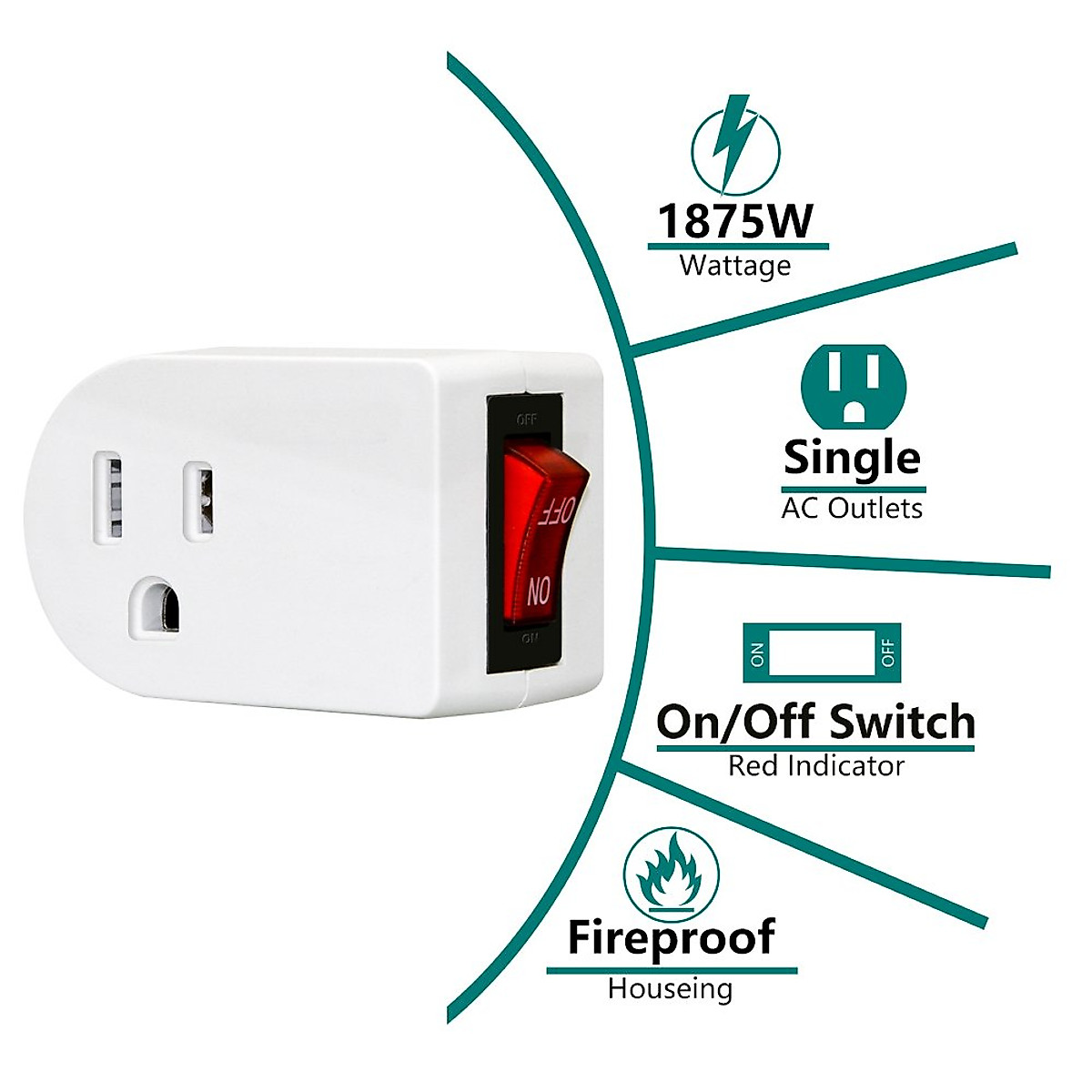 ANKO Grounded Outlet Adapter, ETL Listed Wall Tap Adapter with Red Indicator On/Off Power Switch (4 Pack)