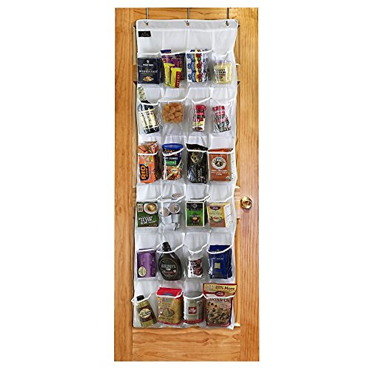 Regal Bazaar Over-The-Door Hanging White Pantry Organizer and Kitchen Storage Unit with 24 Crystal-Clear Vinyl Pockets and 3 Metal Hooks