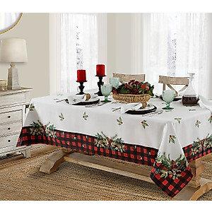 Lintex Aspen Red Black Plaid and Garland Bordered Christmas Tablecloth, Cottage Check Bordered Xmas and Holiday Print Easy Care Fabric Tablecloth, 70 Inch Round