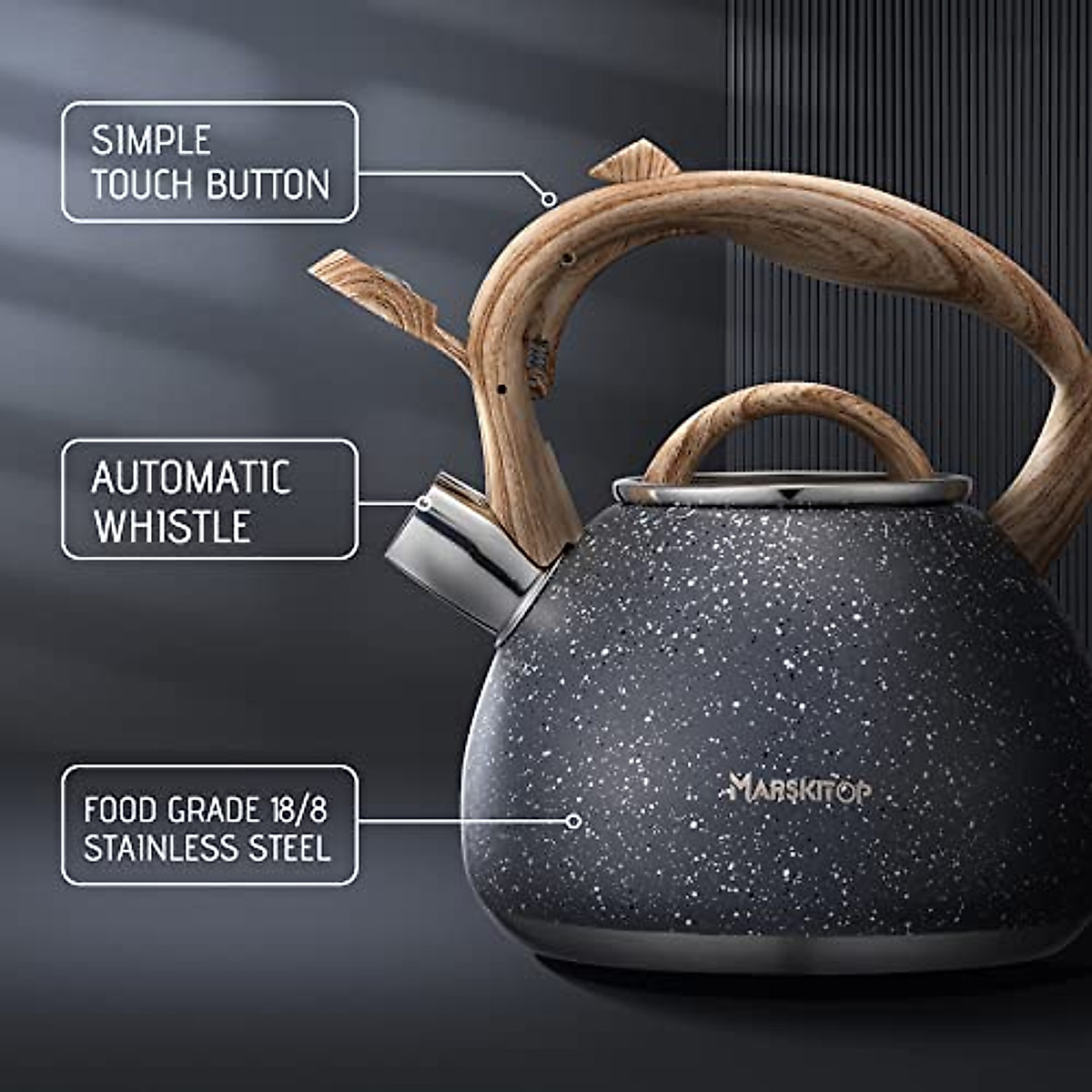 MARSKITOP Tea Kettle Stovetop Whistling Tea Pot for Stove Top, Stainless Steel Tea Kettle Teapot with Wooden Pattern Handle, 2.6 Quart, Gray