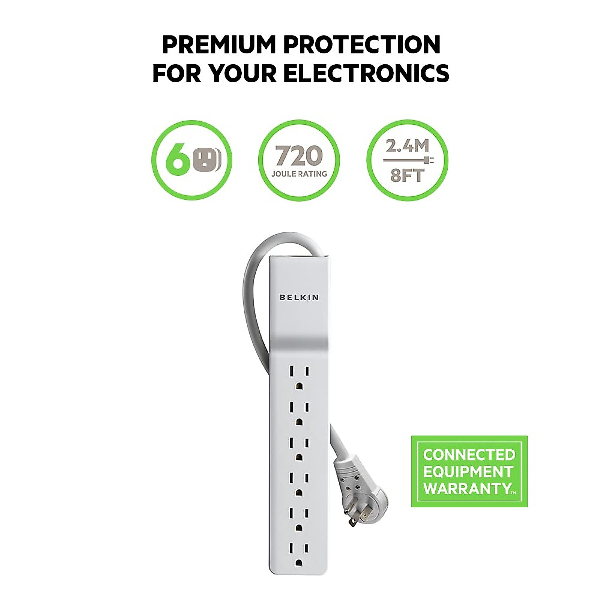 Belkin Power Strip Surge Protector - 6 AC Multiple Outlets - Flat Rotating Plug, 8 ft Long Heavy Duty Extension Cord for Home, Office, Travel, Computer Desktop & Charging Brick - White (720 Joules)