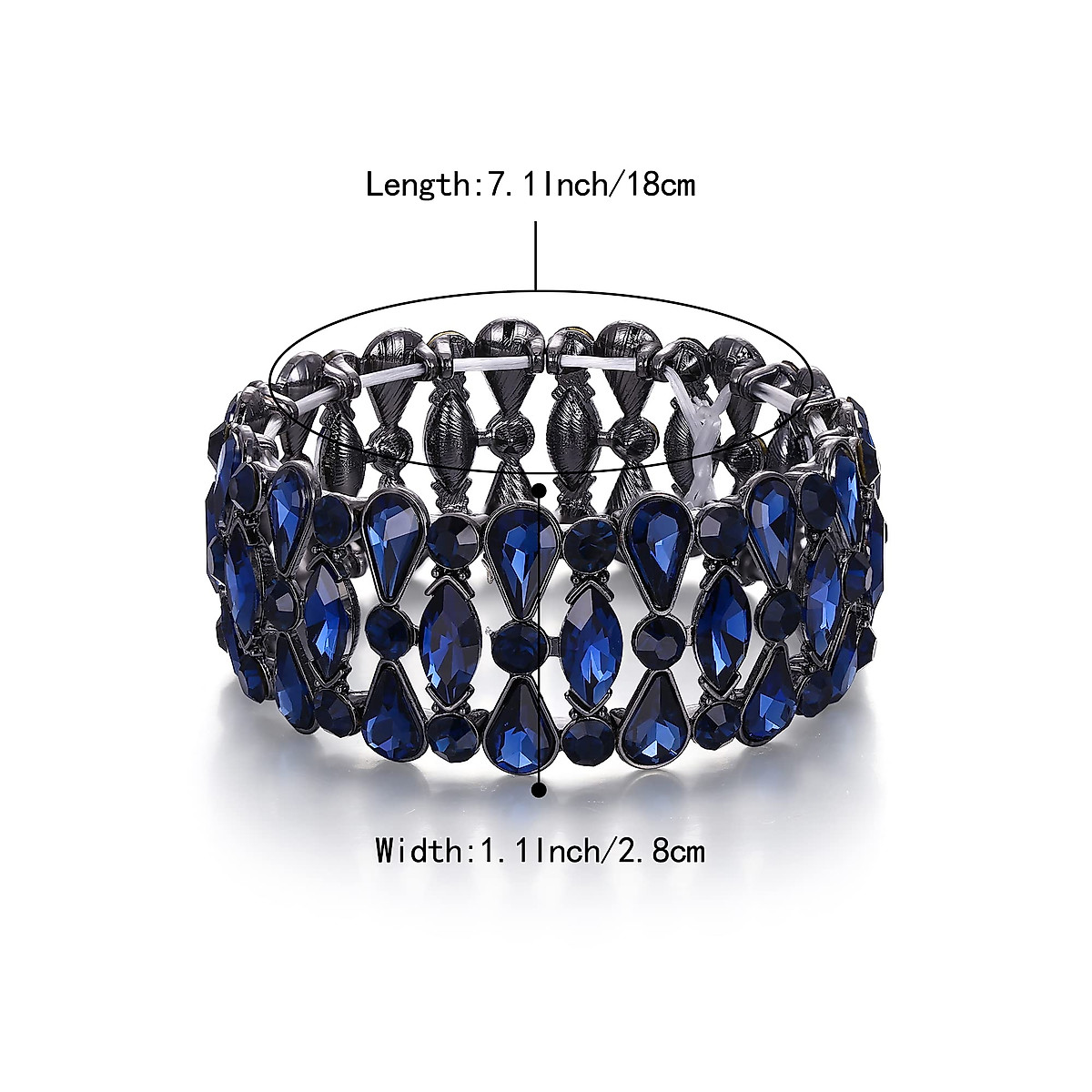 BriLove Wedding Bridal Teardrop Rhinestones Cluster Stretch Bangle Bracelet for Bride Sapphire Color Black-Tone