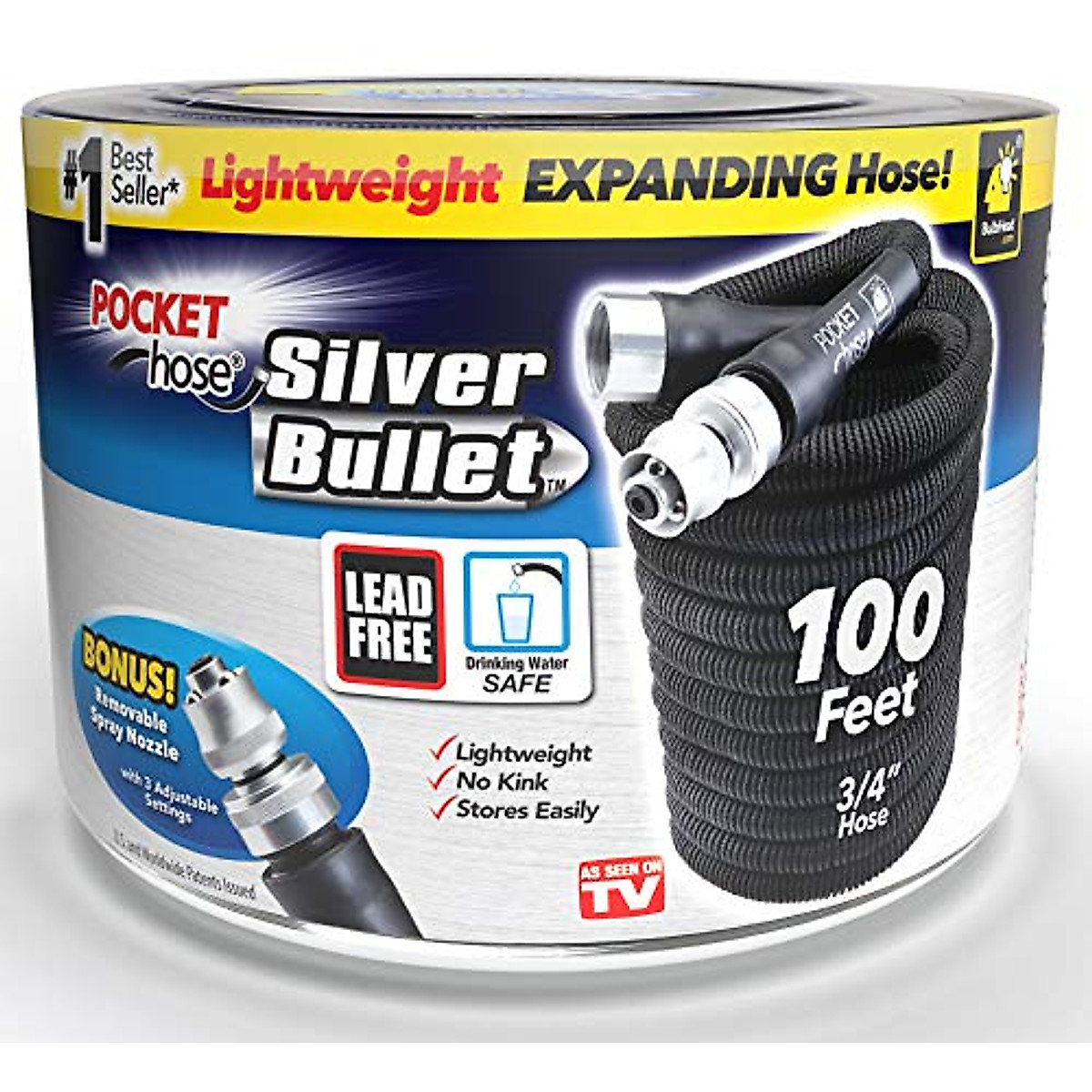 Pocket Hose Silver Bullet 100 ft Turbo Shot Nozzle Multiple Spray Patterns Expandable Garden Hose 3/4 in Solid Aluminum Fittings Lead-Free Lightweight and No-Kink