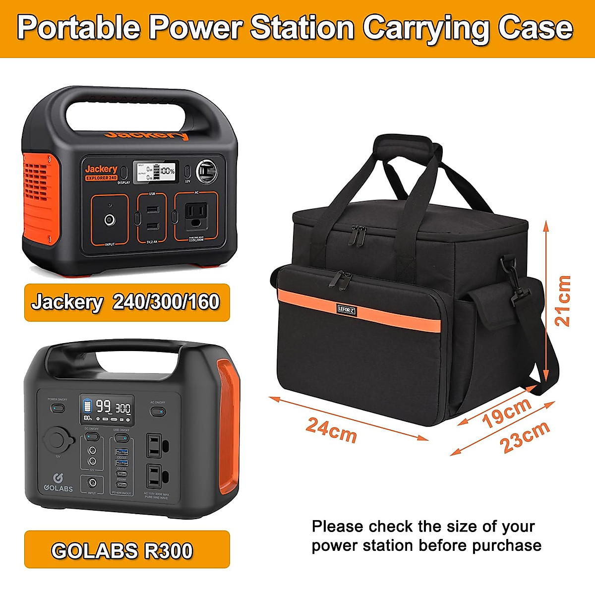 Carrying Case Compatible with Jackery Explorer 240/300/160/GOLABS R300/Anker 521 Portable Power Station,Waterproof Travel Storage Bag with Multiple Pockets for Charging Cable and Accessories(Bag Only)