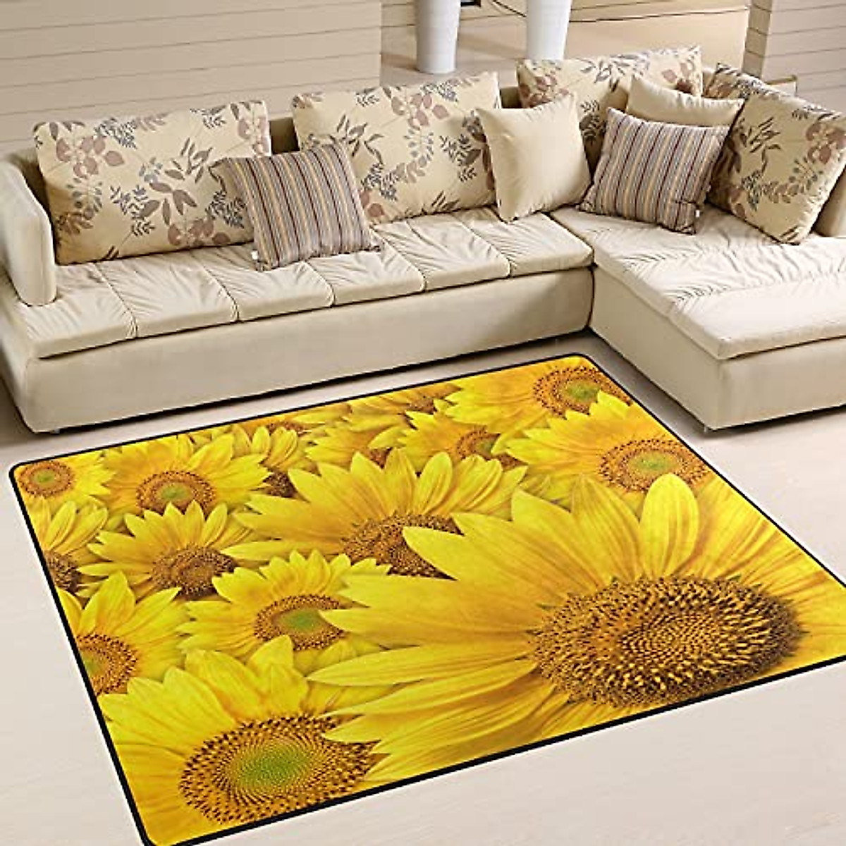ALAZA Yellow Sunflower Blossom Floral Field Non Slip Area Rug 5' x 7' for Living Dinning Room Bedroom Kitchen Hallway Office Modern Home Decorative