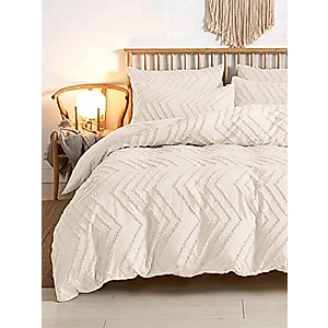 Nanko Beige Duvet Cover Full Size, 3pc Boho Tufted Microfiber Bedding Comforter Cover Set, All Season Aesthetic Shabby Chic Soft Embroidery Textured Geometric Quilt Cover (80x90)