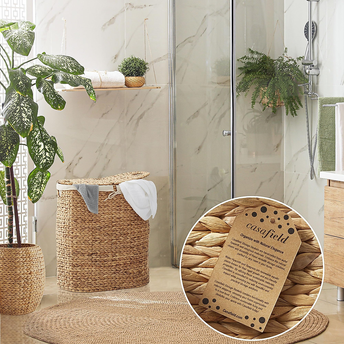 Casafield Oval Laundry Hamper with Lids and Removable Liner Bags - Natural, Woven Water Hyacinth 2-Section Laundry Basket Sorter for Clothes and Towels