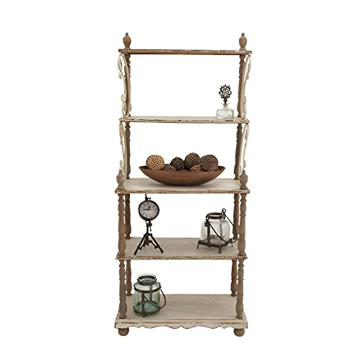 Deco 79 Wood Scroll 5 Shelf Shelving Unit with Brown Spindle Sides and Ball Feet, 32" x 16" x 75", White