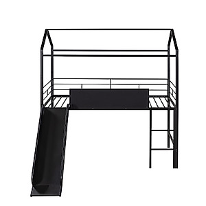 Harper & Bright Designs Twin House Loft Bed Metal House Bed Frame with Slide and Chalkboard, Low Loft Beds with Guardrail and Ladder, Twin Size Loft Bed for Kids Teens Girls Boys (Black)