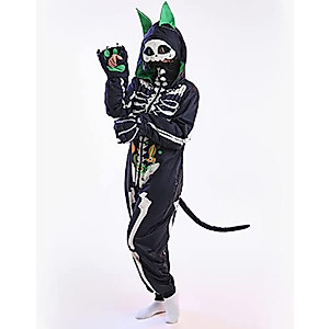 haikyuu Halloween Women Skull Cat Onesie Skeleton Pajama Cosplay Costume Loungewear Hooded Kigurumi Jumpsuit Homewear (large, cat green and black)