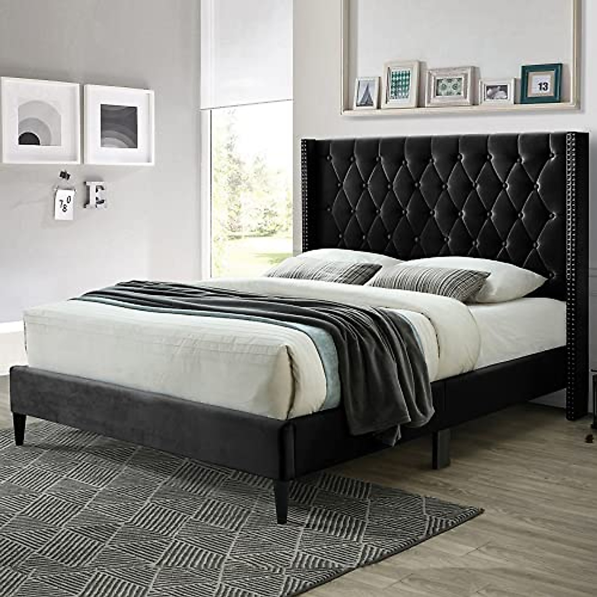 Better Home Products Amelia Velvet Tufted Full Platform Bed in Black