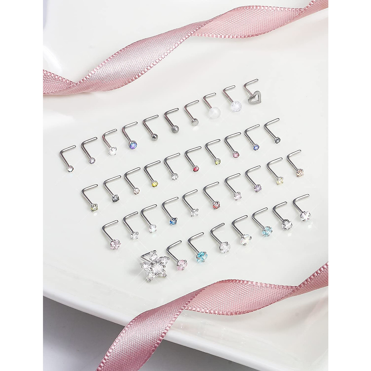 Prjndjw 20G Nose Rings Studs Surgical Steel Nose Studs Glow Dark Heart Opal CZ Flower Nose Piercing Jewelry Nose Rings for Women Straight Bend L Shaped Nose Rings 38Pcs 6.5mm Nose Piercing Kit