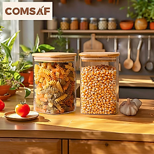 ComSaf 37 oz Glass Storage Containers with Lids, Glass Jars with Lids, Clear Food Jar, Square Canister Set of 6, Pantry Organizers and Storage for Cookie Flour Oat Pasta Tea Coffee Bean
