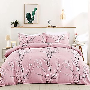 WONGS BEDDING Floral Duvet Cover Set King, Pink Flower Plum Pattern Comforter Cover Set with 2 Pillowcases 3 Pieces Botanical Bedding Set with Zipper Closure for Kids 90"x103"(Not Comforter)