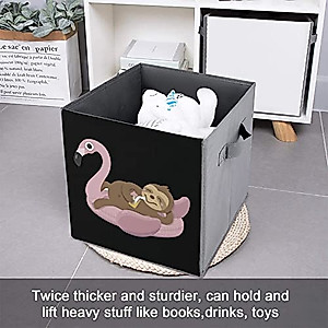 Chilling Sloth on Flamingo Float PU Leather Collapsible Storage Bins Canvas Cube Organizer Basket with Handles
