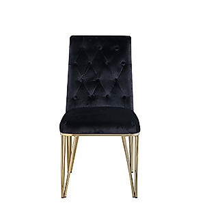 Iconic Home Callahan Dining Side Chair Button Tufted Velvet Upholstered Solid Gold Tone Metal Base Spindle Legs (Set of 2) Modern Contemporary, Black
