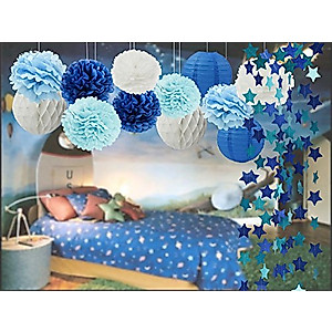 Furuix Boy Baby Shower Decorations 13pcs White Navy Blue Baby Blue Tissue Paper Pom Pom Paper Lanterns Blue Star Garland Honeycomb Ball for Birthday Decor, Bridal Shower Decor/Outer Space Party Decor