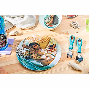 Zak Designs Moana Dinnerware Set Includes Plate, Bowl, Water Bottle, and Utensil Tableware, Made of Durable Material and Perfect for Kids (Moana and Maui, 5 Piece Set, BPA Free)