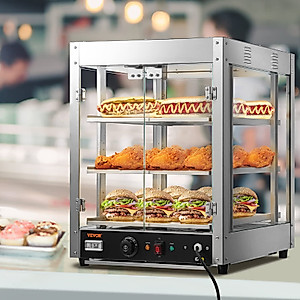 VEVOR Commercial Food Warmer Display, 3 Tiers, 800W Pizza Warmer w/ 3D Heating 3-Color Lighting Bottom Fan, Countertop Pastry Warmer w/Temp Knob & Display 0.6L Water Tray, Stainless Frame Glass Doors…