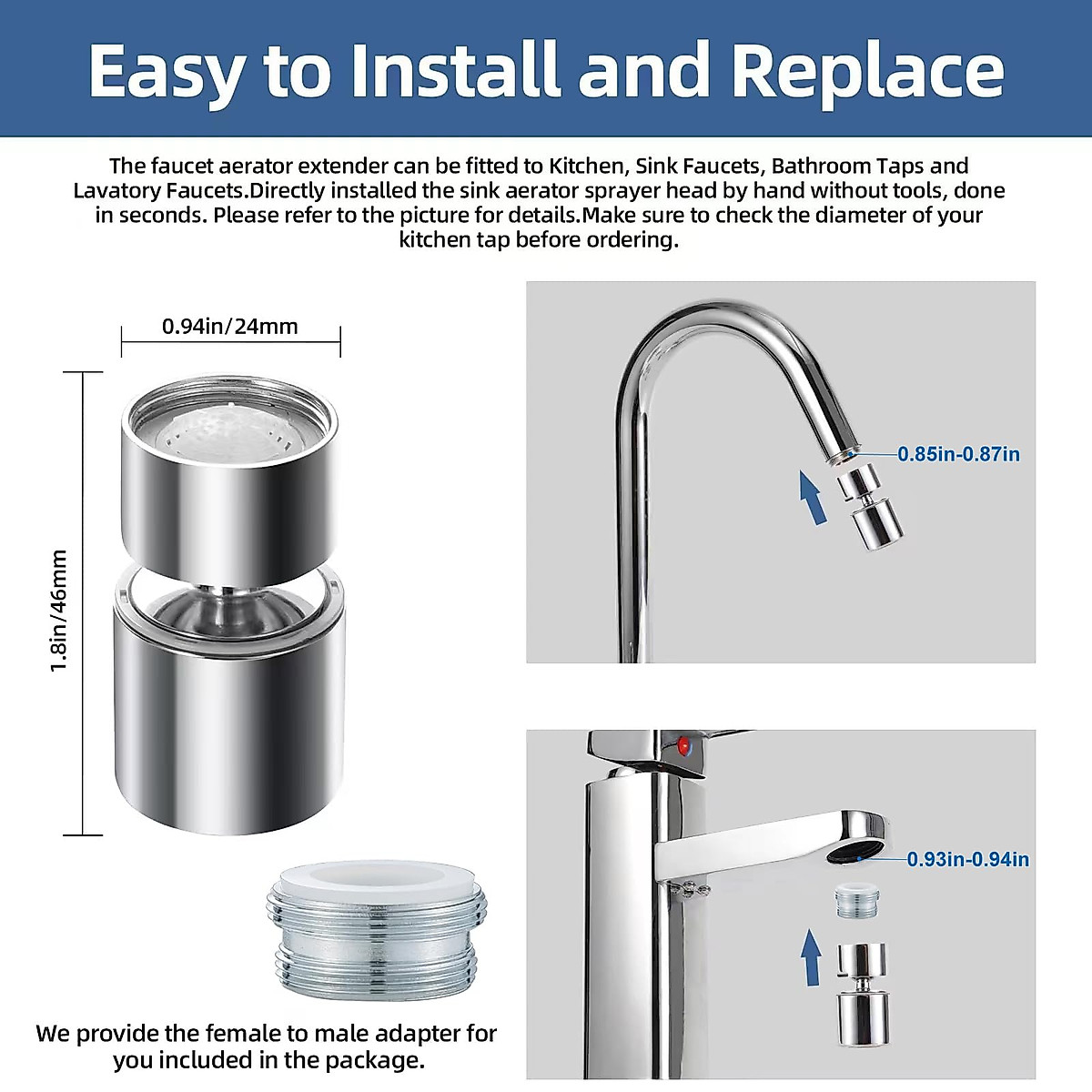 Kitchen Sink Faucet (Upgraded), 360° Swivel Kitchen Faucet Aerator, Dual-function 2-Flow Sprayer Faucet Head Replacement, Sink Attachment For Faucet Include 55/64 Inch Female Thread (Chrome1)