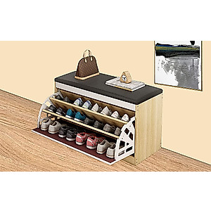 Baoz Oak Plank Shoe Storage Bench with Flip-Drawer Shoe Storage Cabinet, Padded Seat and Tipping Bucket Switch Shoe Cabinet Storage Bench,31.4'' L × 11.8'' W × 20'' H