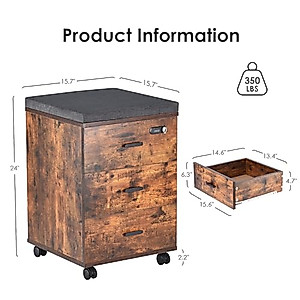 Soohow 3 Mobile Smart Lock Small Rolling Desk Unit Storage Drawers Black Filing Cabinet for Home Office Business, Brown