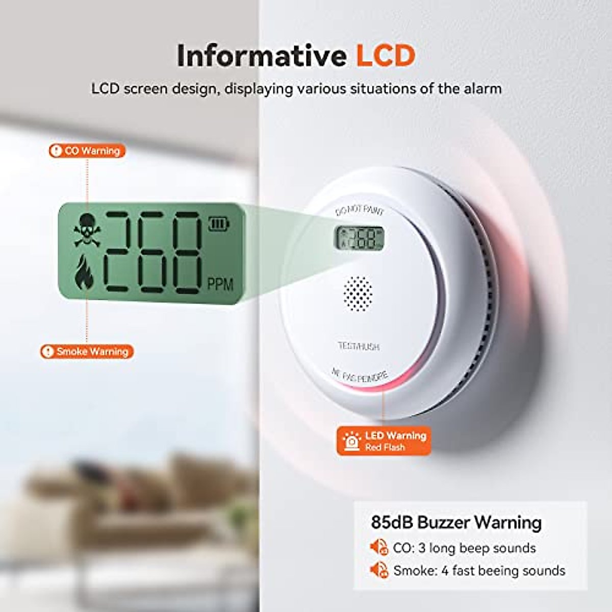 Jemay Combination Smoke and Carbon Monoxide Detector, Battery Operated Smoke Detector Carbon Monoxide Detector Combo with 10-Year Lifespan，Large LCD Display, Test/Silence Button, 1 Pack