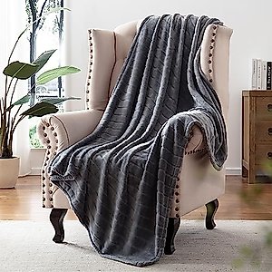 Bertte Decorative Stripe Lightweight Fleece Cozy Sofa Bed Seasons Throw 330 GSM Soft Plush Fuzzy Warm Fluffy Blanket, 50"x 60", Dark Grey