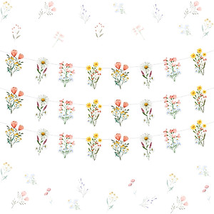 Fangleland 3Pcs Wildflower Garland Banners Decorations for Girl - Flower Theme Banners Birthday Hanging Decors, Wild Flower Spring Garden Baby Shower Wedding Party Supplies