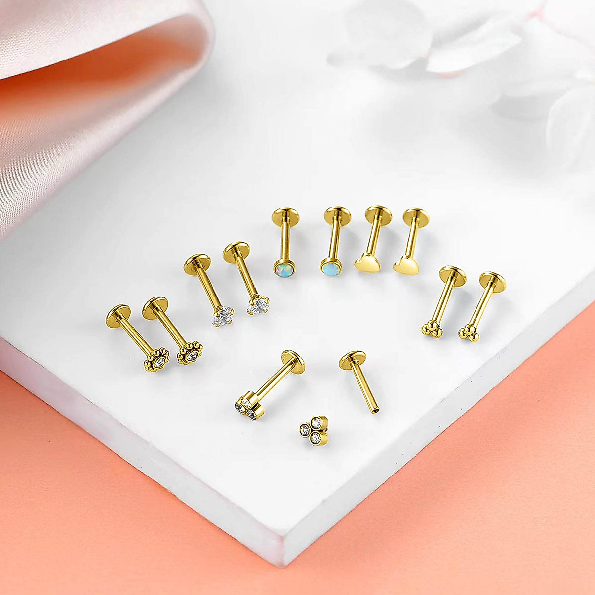 Yjbglrygf 16G Monroe Lip Piercing Jewelry Labret Studs Tragus Hoop Earrings Internally Threaded Lip Stud Nose Piercing Stud Flat Back Opal Zircon Helix Earring Studs(16G*8mm, gold)