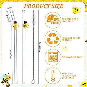 6 Pcs Reusable Glass Straws, Cute Bee on Clear Straws with Design 7.9 In x 8 Mm Colorful Shatter Resistant Bent Drinking Straws for Beverages, Shakes, Juices Suitable for Smoothies, Cocktails