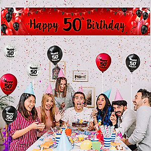 Happy 50th Birthday Yard Sign Banner with Balloons Arch Kit Red and Black - Cheers to 50 Years Old Birthday Party Theme Decorations Large Birthday Backdrop Banner for Men Women Supplies