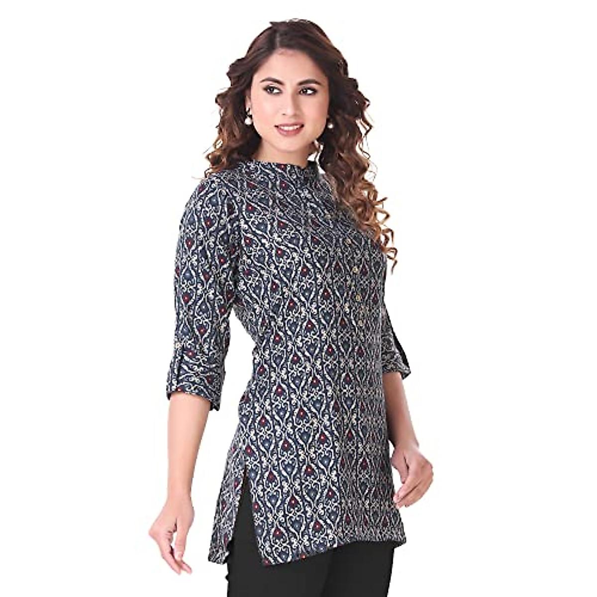 ladyline Womens Cotton Rayon Printed Tunic Top 3/4 Roll-Up Sleeves Button Neck Short Kurti Kurta (XL/Blue/44)