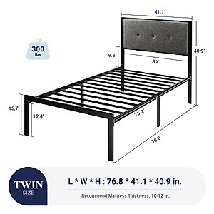 Allewie Twin Bed Frames with Upholstered Button Tufted Headboard for Kids, Platform Bed Frame with 12.4” Underbed Storage, No Box Spring Needed, Noise Free, Grey.