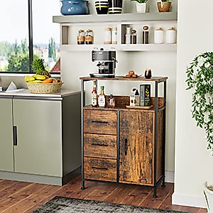 Furnulem Industrial Storage Cabinet with 3 Drawers and Door,2 Tiers Shelves Wood Floor Cabinet with Sturdy Frame for Bathroom,Entryway,Office,Kitchen