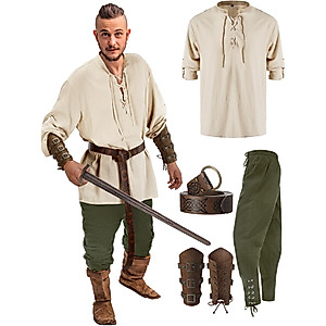 Jiuguva 4 Pcs Halloween Men's Renaissance Costume Set Medieval Pirate Shirt Ankle Banded Pants Viking Belt Accessories (Stylish Color,Small)