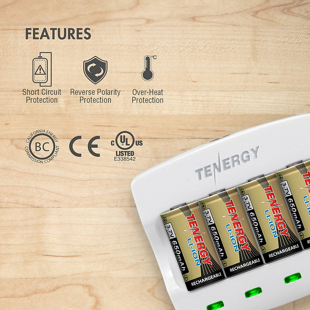 Tenergy Fast Charger ONLY for Arlo Certified Tenergy 3.7V 650mAh RCR123A Li-ion Rechargeable Battery, CE and FCC Certified